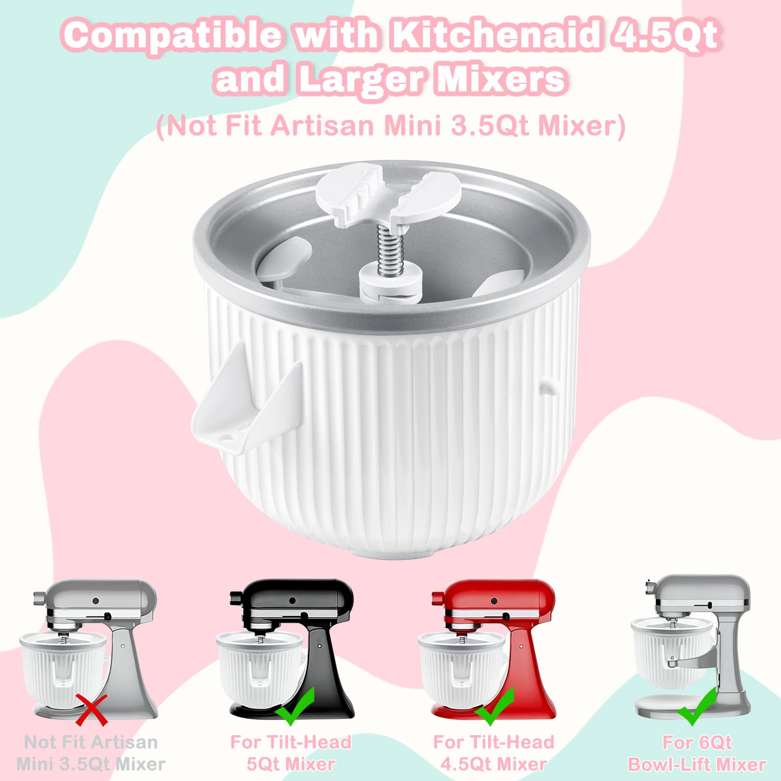 GLINK Ice Cream Maker Attachment for KitchenAid Stand Mixer, Compatible with Kitchenaid 4.5-5Qt Stand Mixer and 5-6Qt Bowl-Lif, 2-Quart Frozen Yogurt/Ice Cream/Sorbet Gelato Maker