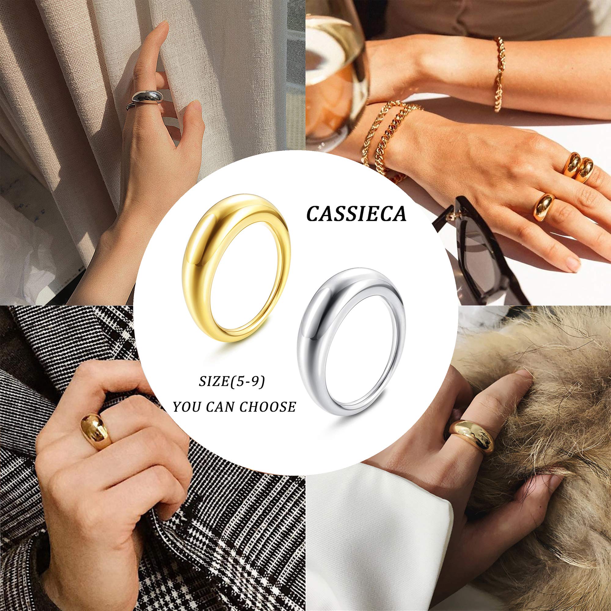 CASSIECA 2 Pcs 18K Gold Silver Plated Thick Chunky Dome Rings Statement Rings Set for Women (5-9 Size)