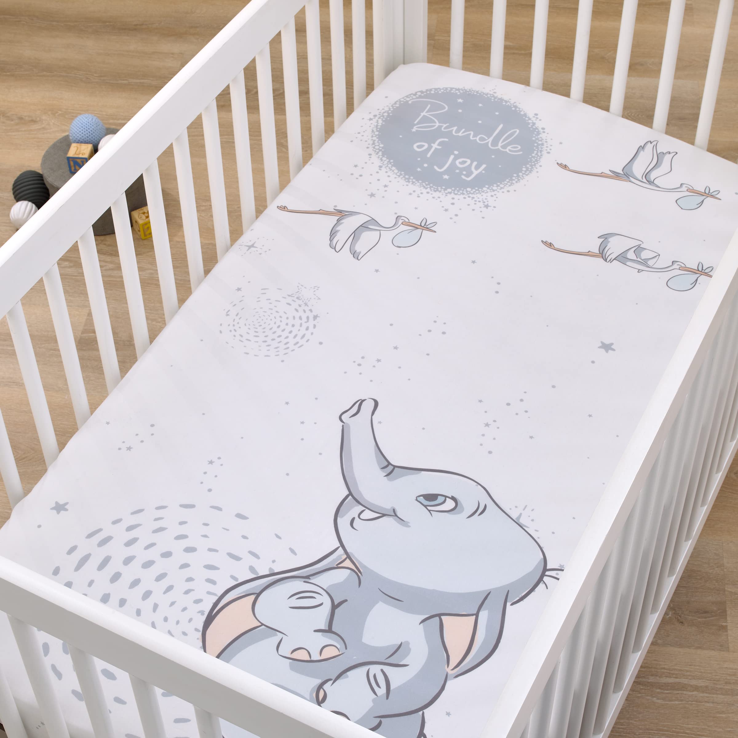 Disney Dumbo Sweet Little Baby Light Blue and White Storks "Bundle of Joy" 100% Cotton Photo Op Nursery Fitted Crib Sheet