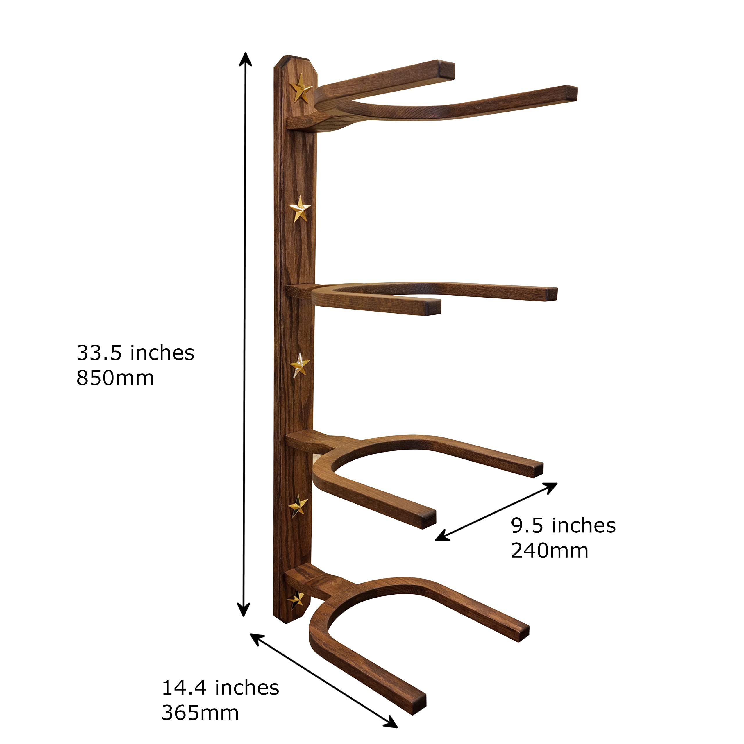 Cowboy Hat Rack - Made from Solid Oak - with Solid Copper 24 Carat Gold Plated Stars - 4 Hat Cowboy Hat Holder - No Veneer or Chipboard
