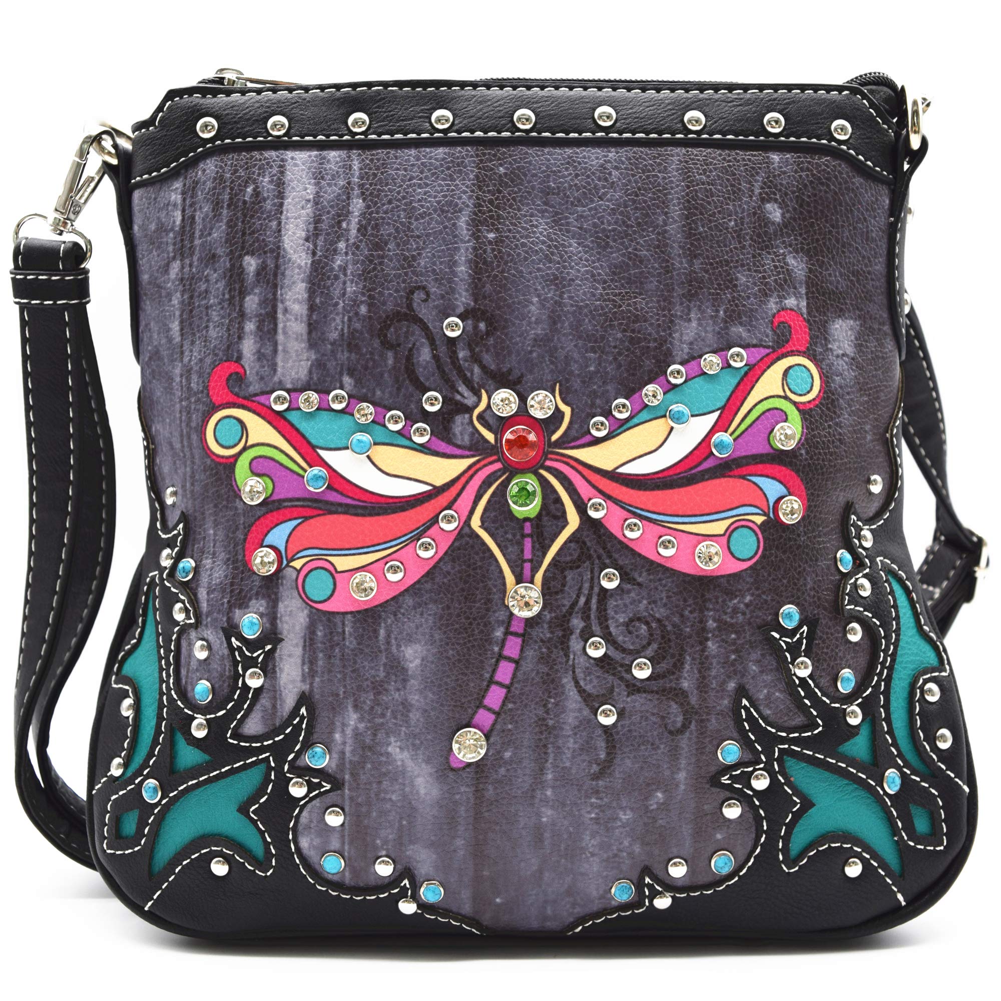 Colorful Dragonfly Western Spring Purse Country Handbag Women Shoulder Bag Crossbody Wallet Set Black