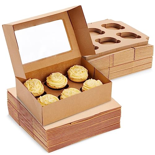 Juvale 24 Pack Cupcake Containers with Windows, 6 x 6 Boxes with 4 Count Inserts for Muffins (Kraft Paper)