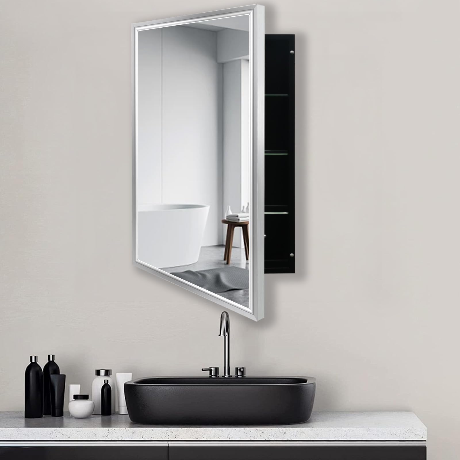 FOMAYKO Bathroom Medicine Cabinet with Mirror, Recess or Surface Mount Bathroom Vanity Mirror Cabinet,Single Door Cabinet Famerhouse Bathroom Mirror with Storage Cabinet (Brush Silver, 16"x26")
