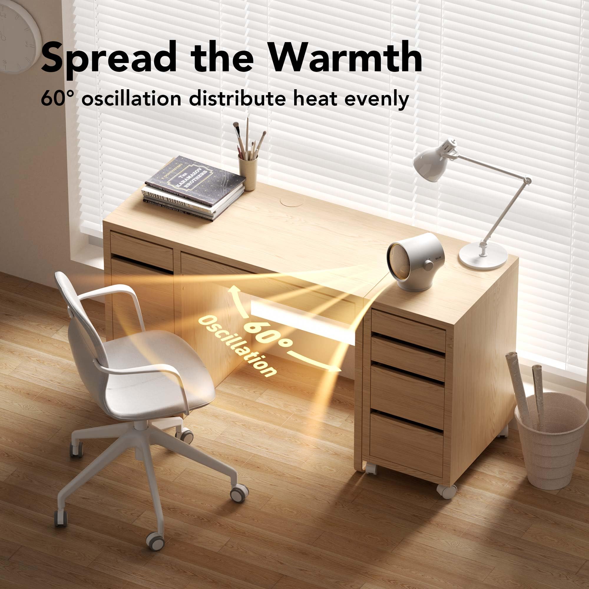 Elio Oscillating Space Heater for Indoor Use, 1000W Ceramic Portable Electric Heater up to 200 Square Ft, 3s Fast Safety Heat, Overheat + Tip-over Protection, 3 Temp Modes, for Home & Office (Alex)