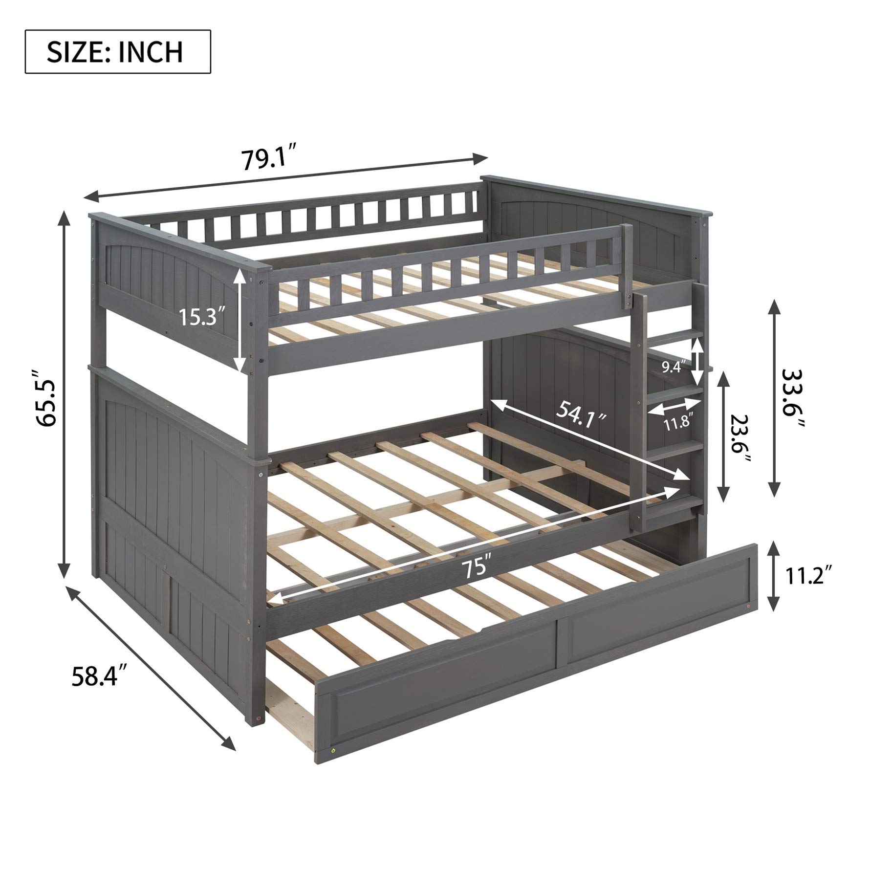 Harper & Bright Designs Full Over Full Bunk Bed with Trundle, Bunk Beds Full Over Full with Safety Rail & Ladder, Detachable Wood Full Bunk Bed Frame for Kids Girls Teens Adults ,Brushed Gray