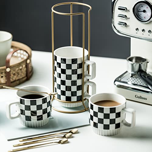 Miamolo Stackable Coffee Mug Set of 4 with Rack 11 oz Tea Cup Set with Tea Spoon Perfect for Coffee, Tea, Cocoa, Milk Chessboard Black and White Pattern Coffee Mug as Christmas Gifts
