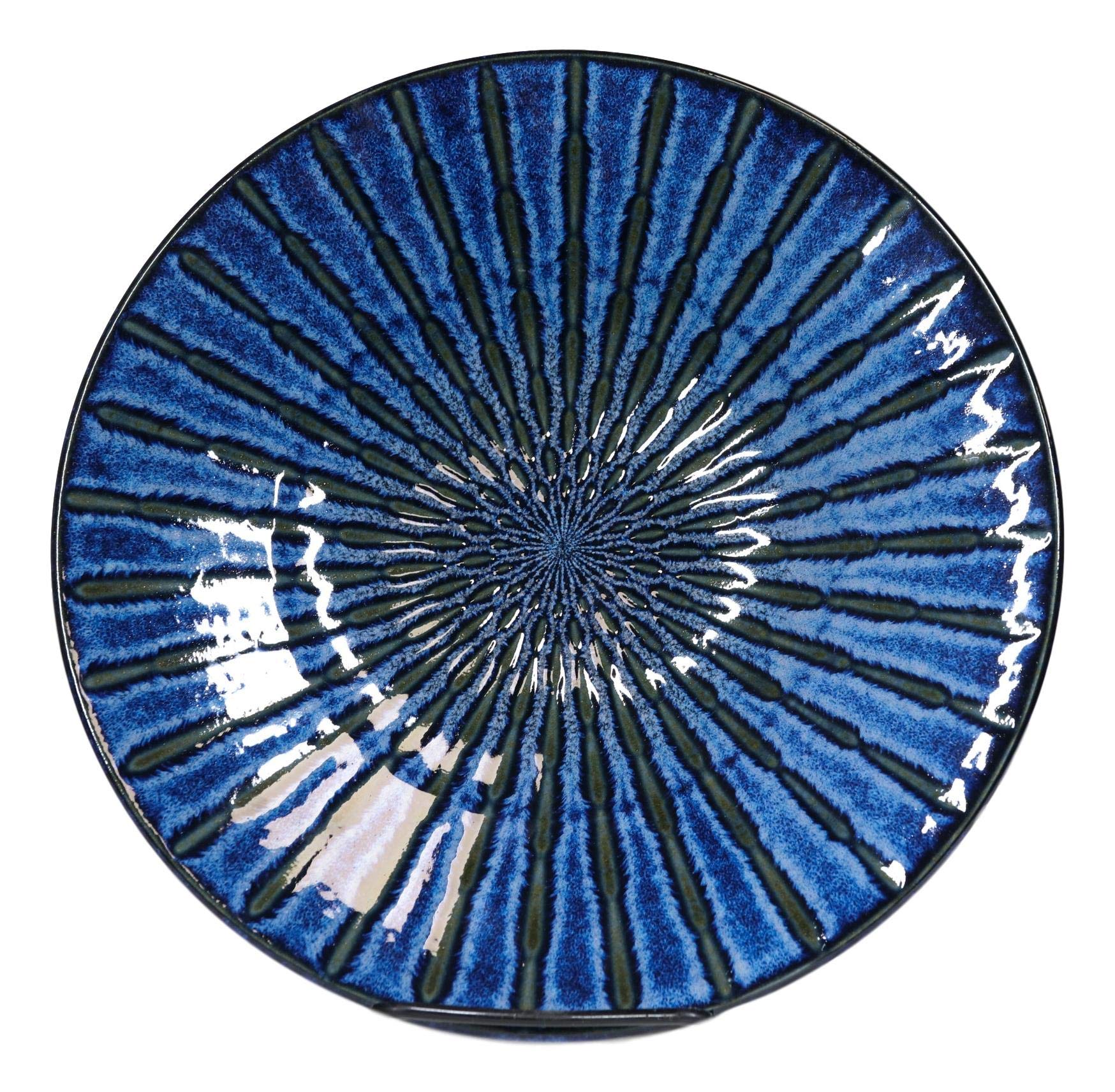 Ebros Gift Made In Japan Radiant Solar Flair Reduction Technique Pottery Glazed Ceramic Shallow Bowls Pack Of 2 Japanese Bowl Set 24oz 11.5"Dia Zen Asian Fine Dining Dinnerware Deep Plates (Blue)