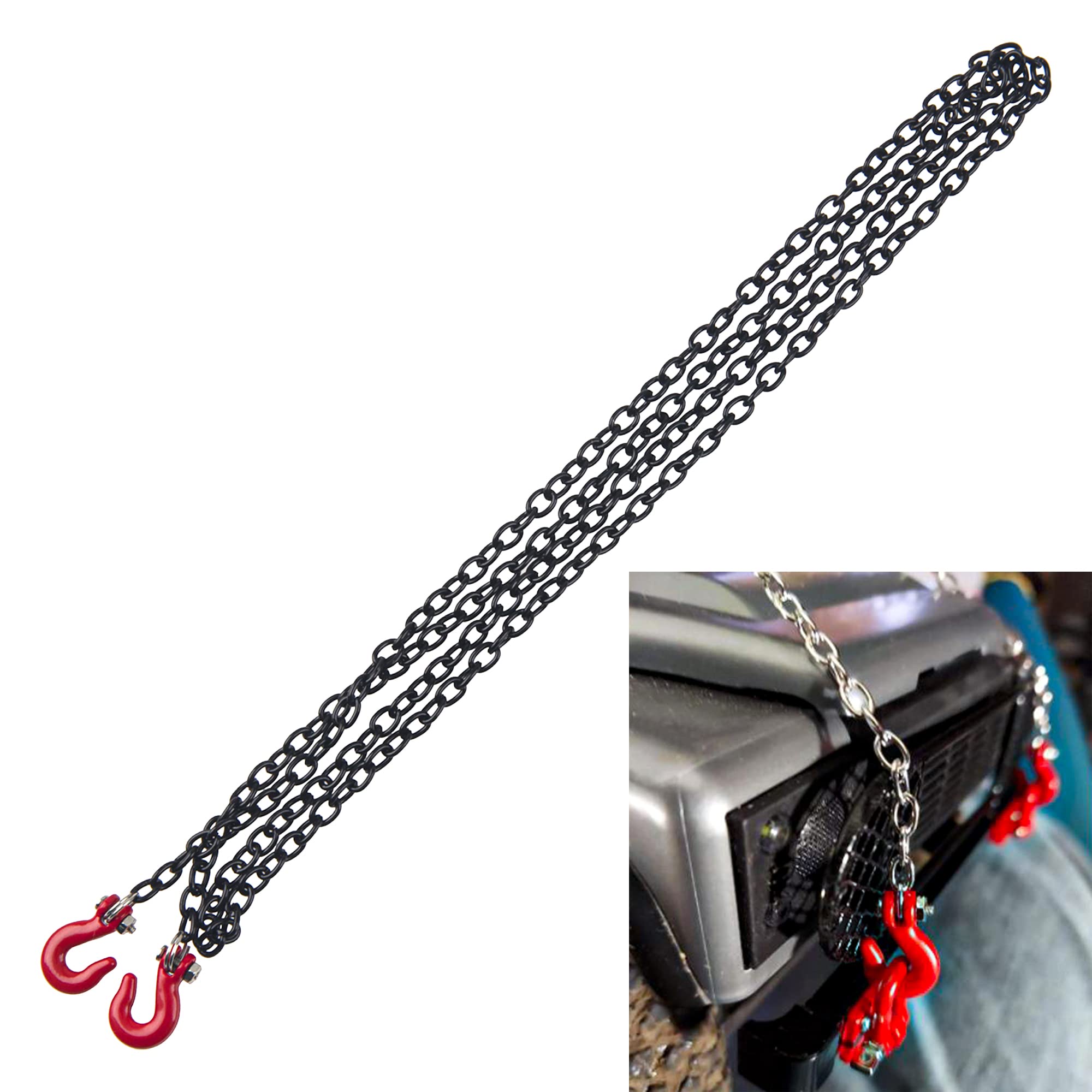 ShareGoo Mini Metal Trailer Chain with Tow Hook Decoration Accessories Compatible with Axial SCX10 HSP 94180 RC4WD D90 Traxxas TRX4 CC01 1/10 RC Crawle (Black)