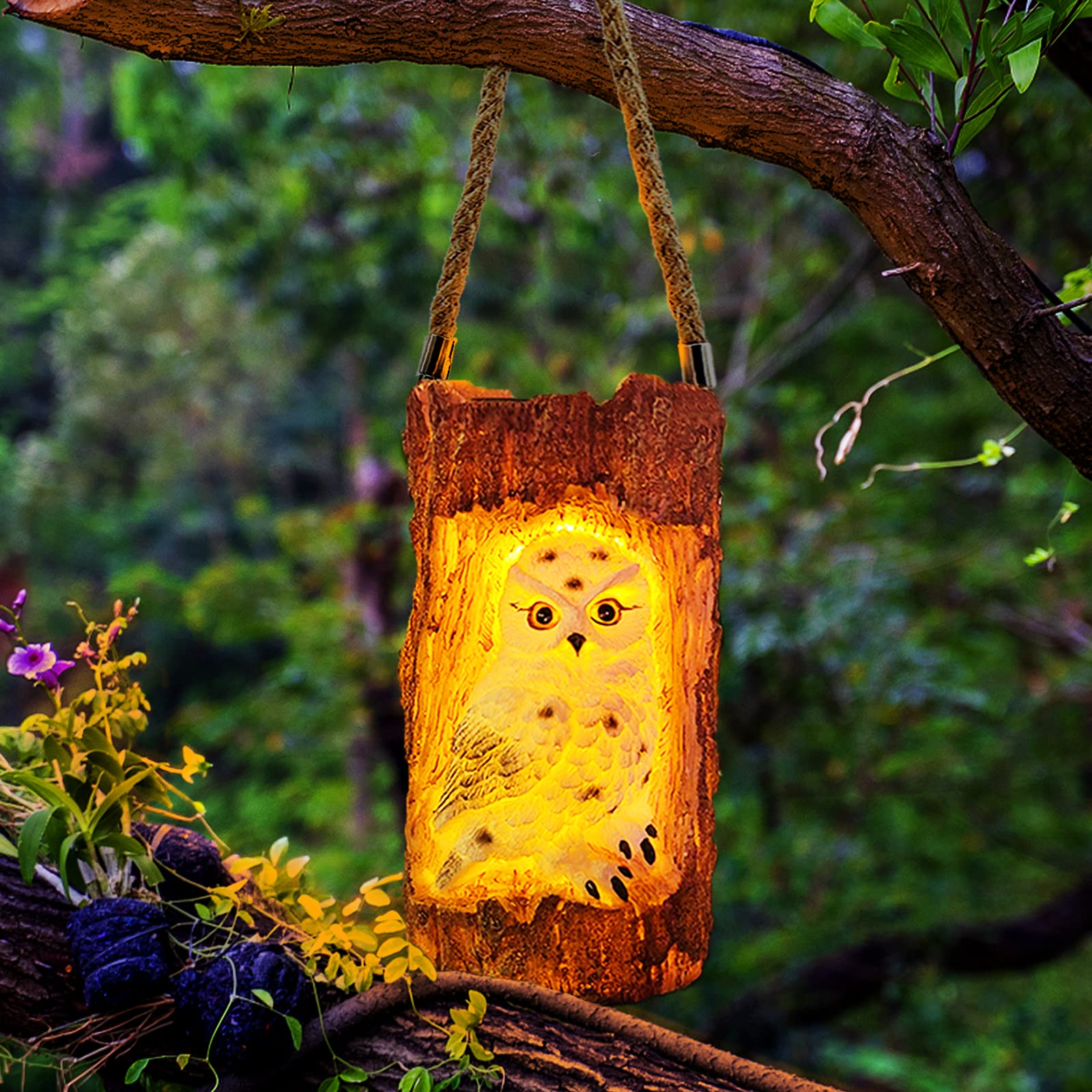 Solar Garden Lights Outdoor Decorative Owl Statue Lights Solar Hanging Lanterns Waterproof Owl Resin Lamp with Handle Solar Powered Decorative Lights for Patio, Yard, Lawn, Garden Decor( White Wing)