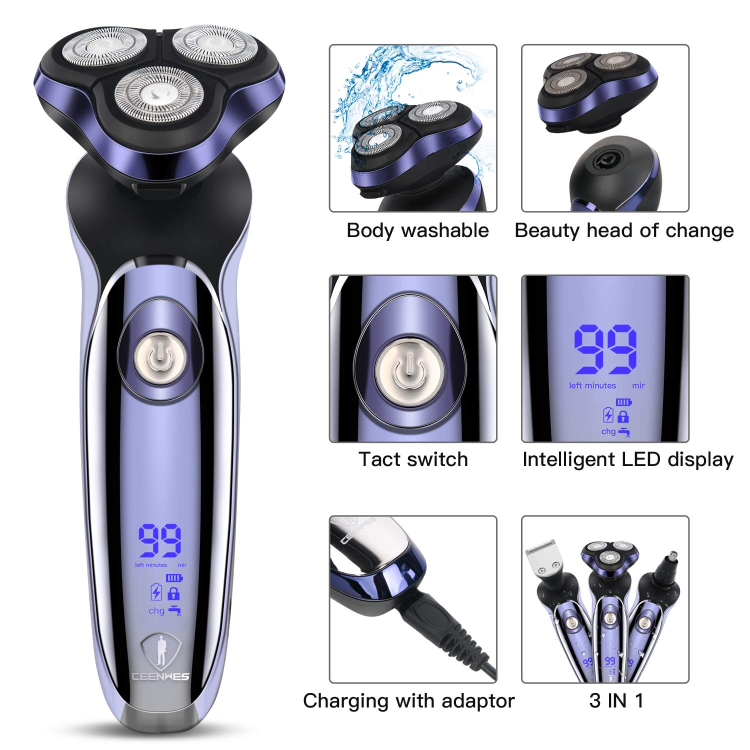 Ceenwes Electric Razor for Men 3 in 1 Grooming Kit with Nose Trimmer Sideburns Trimmer 100% Waterproof Electric Shaver Rechargeable Cordless Rotary Shavers