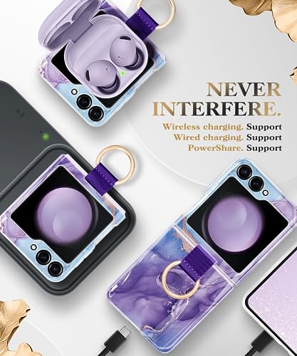 Vowodu Marble Case for Samsung Galaxy Z Flip 5 Case with Ring, [Precise Camera Protection]+[1*Screen Protector], Wireless Charging Anti-Scratch Shockproof Case for Z Flip 5 5G (Blue Purple)