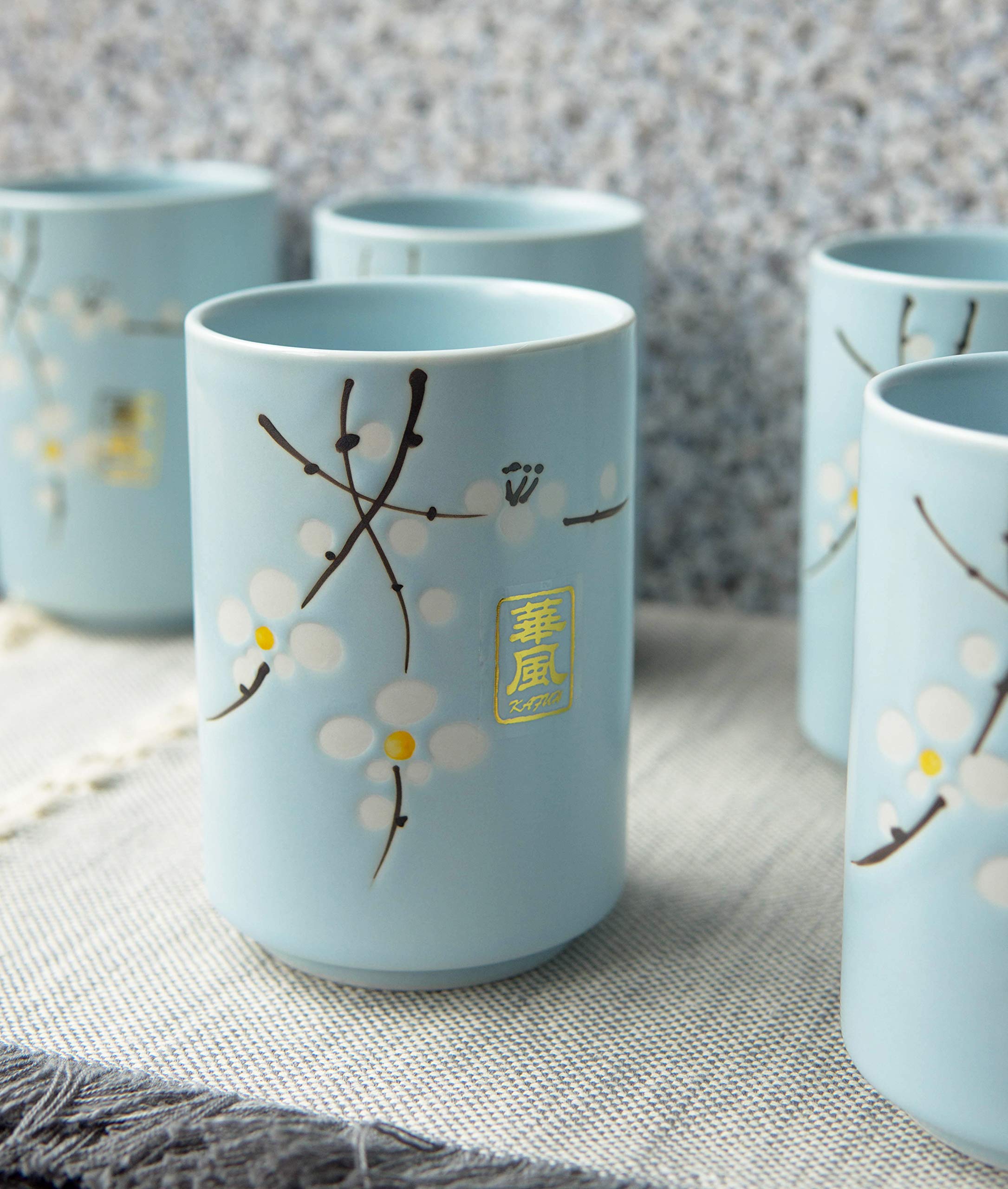 Ebros Gift Pack Of 6 Japanese Sakura Cherry Blossom Floral Branches Pastel Sky Blue Porcelain 10oz Tea Cup Set Teacups Home Kitchen Restaurant Decorative Accent