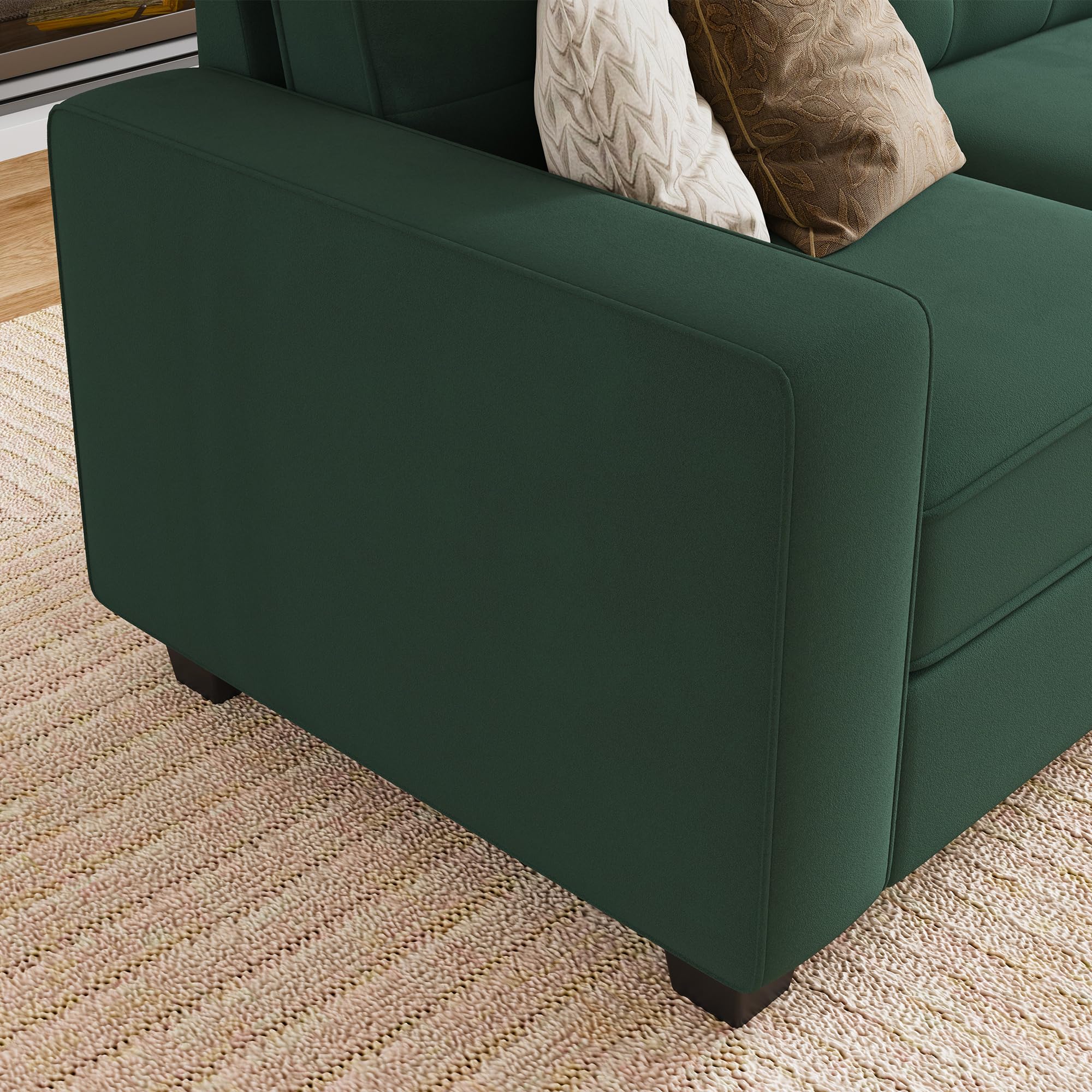 HONBAY L Shaped Sectional Couch Velvet 4-Seater Sectional Sofa with Reversible Chaise for Living Room, Green