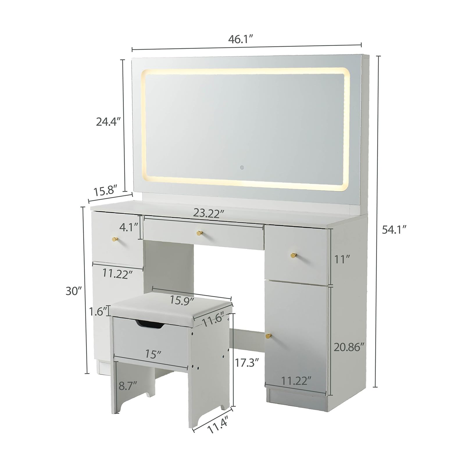 ClouDDwell Vanity Desk Set with LED Lighted Mirror & Charging Station, 3 Drawers & 2 Cabnits Makeup Vanities Dressing Table with Stool, for Bedroom, White