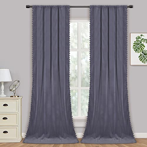 Haperlare Pom Pom Velvet Curtains 96 inches Long Heavy-Duty Room Darkening Velvet Drapes Thermal Insulated Home Decor Tasseled Window Treatment Set Panels for Living Room Bedroom, Grey, 2 Panels