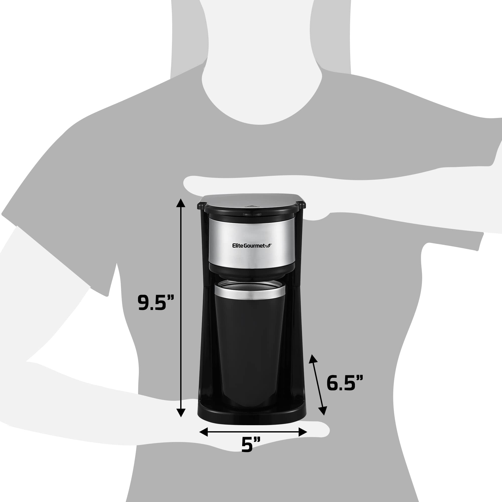 Elite Gourmet EHC112 Personal Single-Serve Compact Coffee Maker Brewer Includes 14Oz. Stainless Steel Interior Thermal Travel Mug, Compatible with Coffee Grounds, Reusable Filter