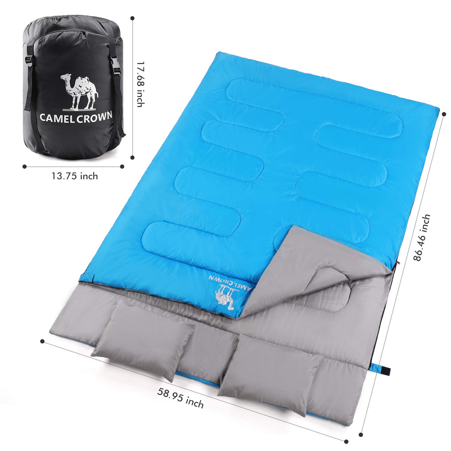 CAMEL CROWN Double/Single Sleeping Bag for Backpacking, Camping, Hiking,Outdoor Activities, Cold Weather 2 Person Waterproof Sleeping Bag for Adults Or Teens.