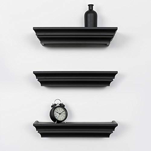 Kiera Grace Madison Classic Crown Molding Floating Wall Shelves, Robust Engineered Wood, Easy Assembly, Ideal for Home Decor, 16", Black, Set of 3