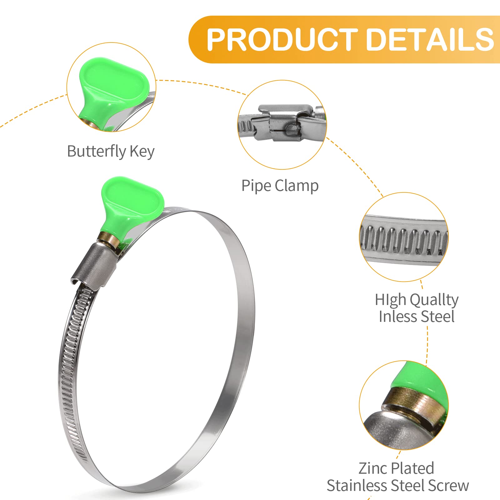 GLIDESTORE 10Pack 4 Inch Hose Clamp, Key Type Adjustable Stainless Steel 4 inch Duct Clamps, Pipe Clamp, Worm Gear Clamps, Dryer Vent Clamp, Thumb Screw Metal Clamps, Easy Turn Clamp, 4β Hose Clamps