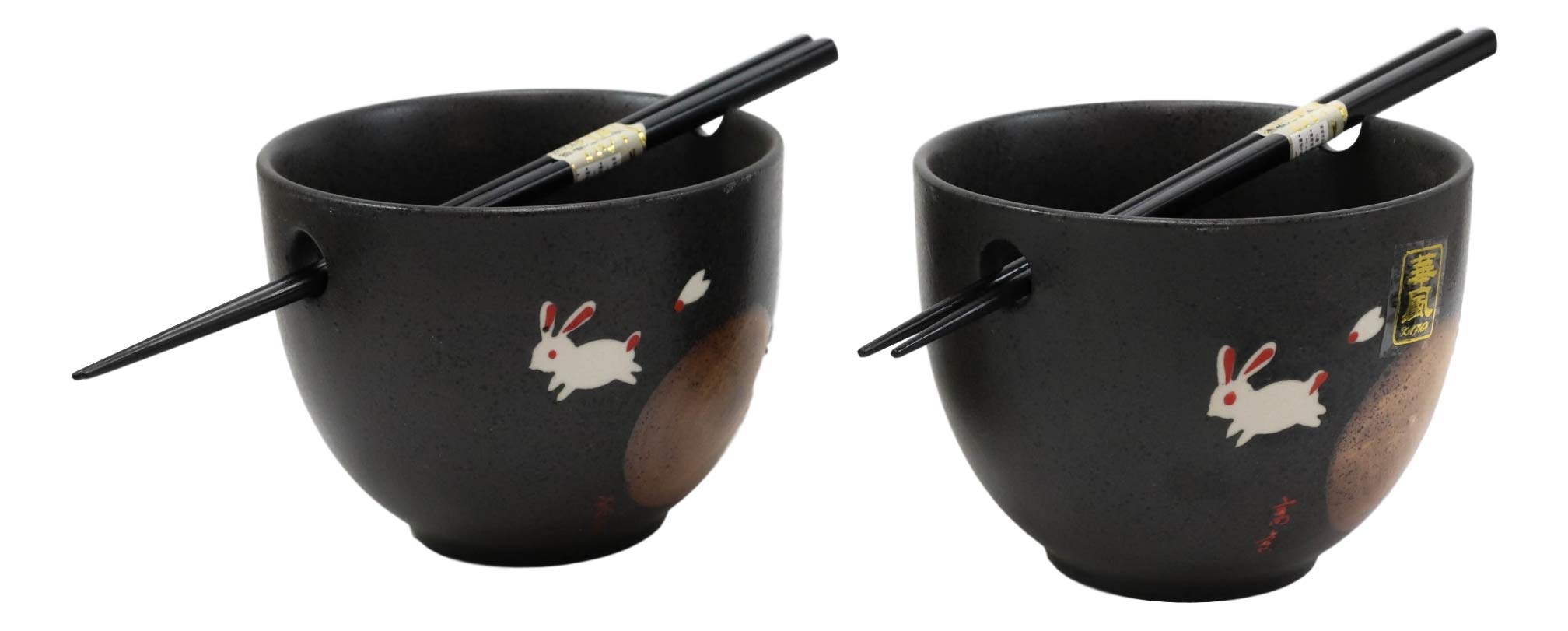 Ebros Pack Of 2 Ceramic Flying White Moon Rabbit Hare Ramen Udong Noodles Black Bowls and Chopsticks For Asian Dining Soup Rice Pasta Salad Collection of Bowl Decor Home Kitchen