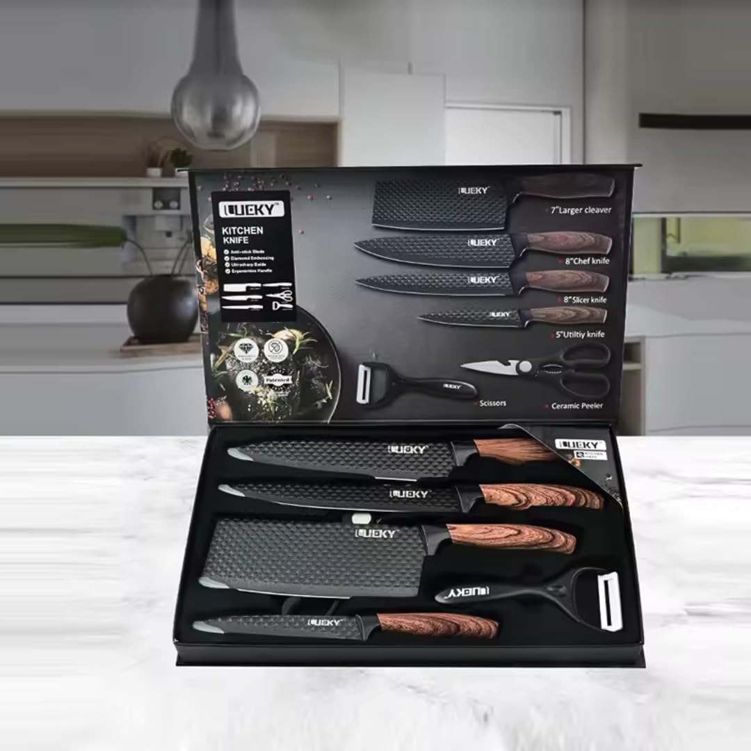 GLOVEVA Set of 6 Knife Set with Giftbox Wave Pattern Sharp Kitchen Knifes wood grain rubber handle chef kitchen knife block sets carving knife set, LARGE&SMALL