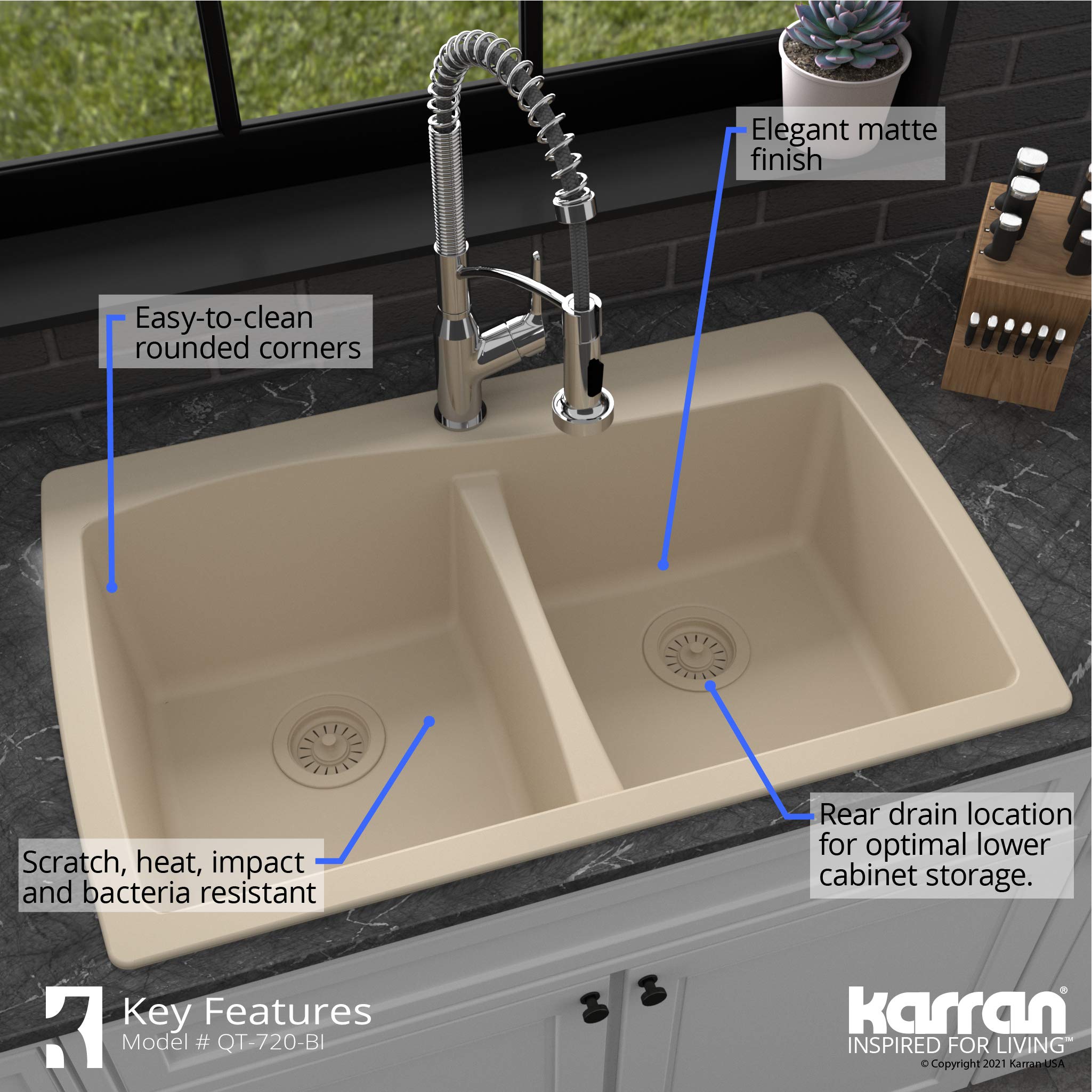 Karran QT-720 Drop-In Quartz Composite 34 in. 1-Hole 50/50 Double Bowl Kitchen Sink in Bisque