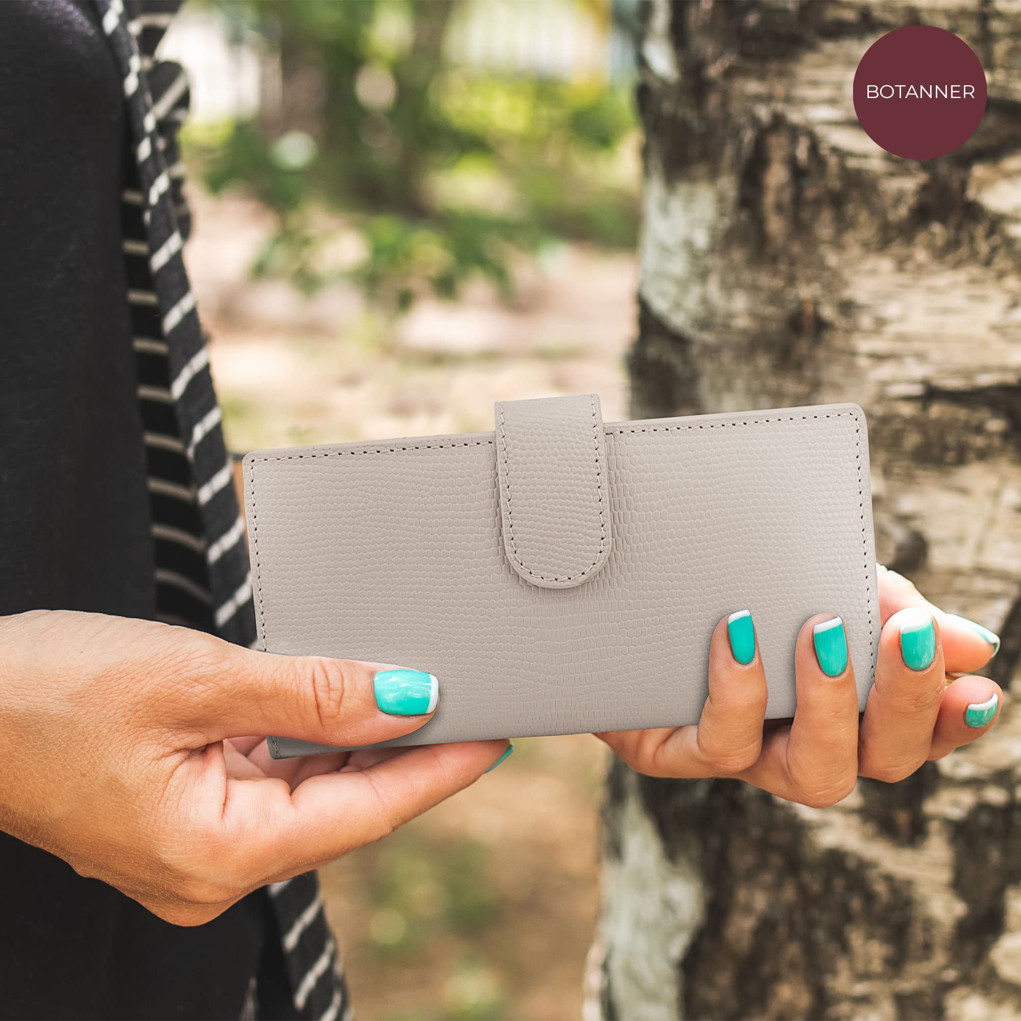 BOTANNER Genuine Leather Womens Clutch Wallet with Tab RFID Blocking 14 Credit Card Slots 2 ID Windows 4 Bills Sections Zipped Section for Coins | Light Grey (Gift for Her)