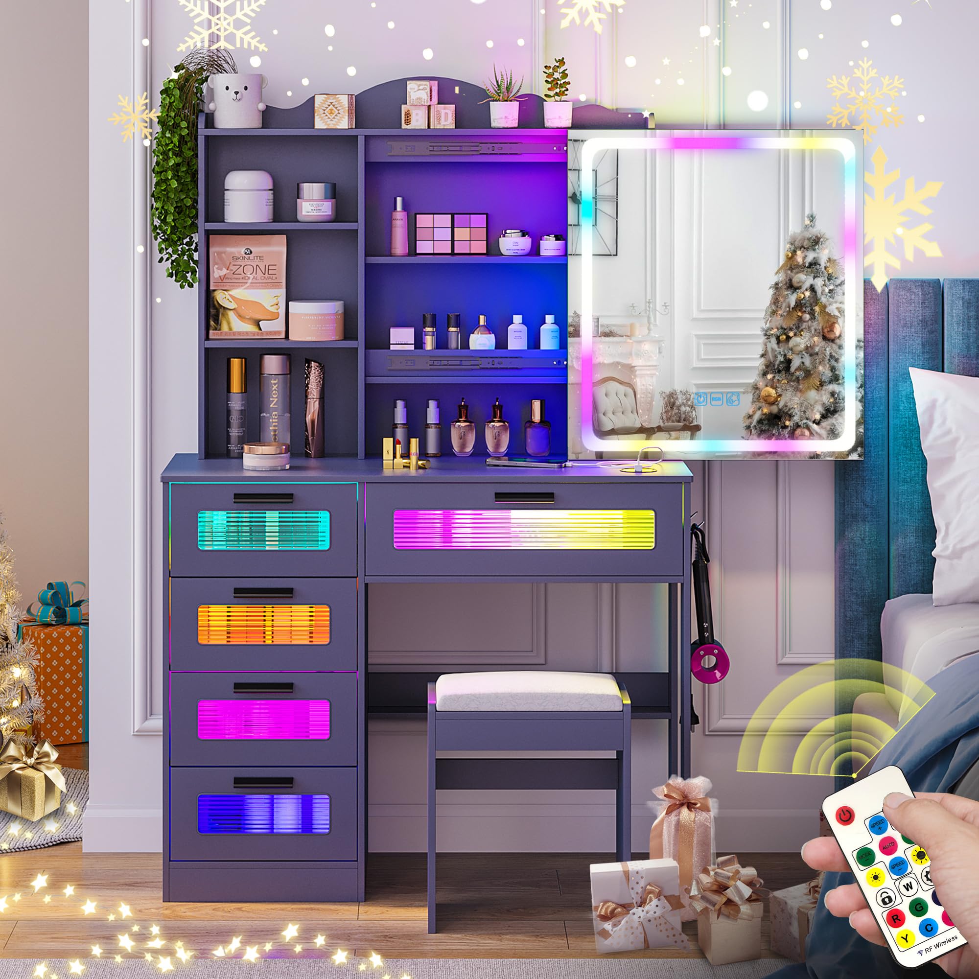 FOMNEY Vanity Desk with Mirror and Lights, RGB LED Makeup Vanity Desk with Charging Station, Vanity Set with Stools＆Sliding Touch Mirror, Women's Makeup Dressing Table with 5 Drawers (Grey)