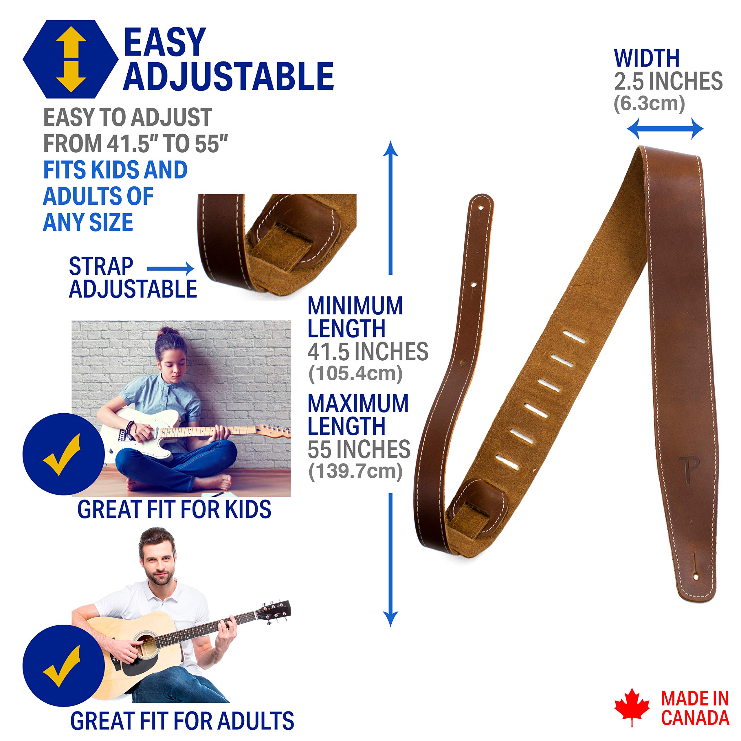 Perri's Leathers Ltd. - Baseball Leather Series - Adjustable Guitar Strap from 41” to 56” - Electric, Acoustic, Bass Guitar Strap - Tan (SP25S-7049)