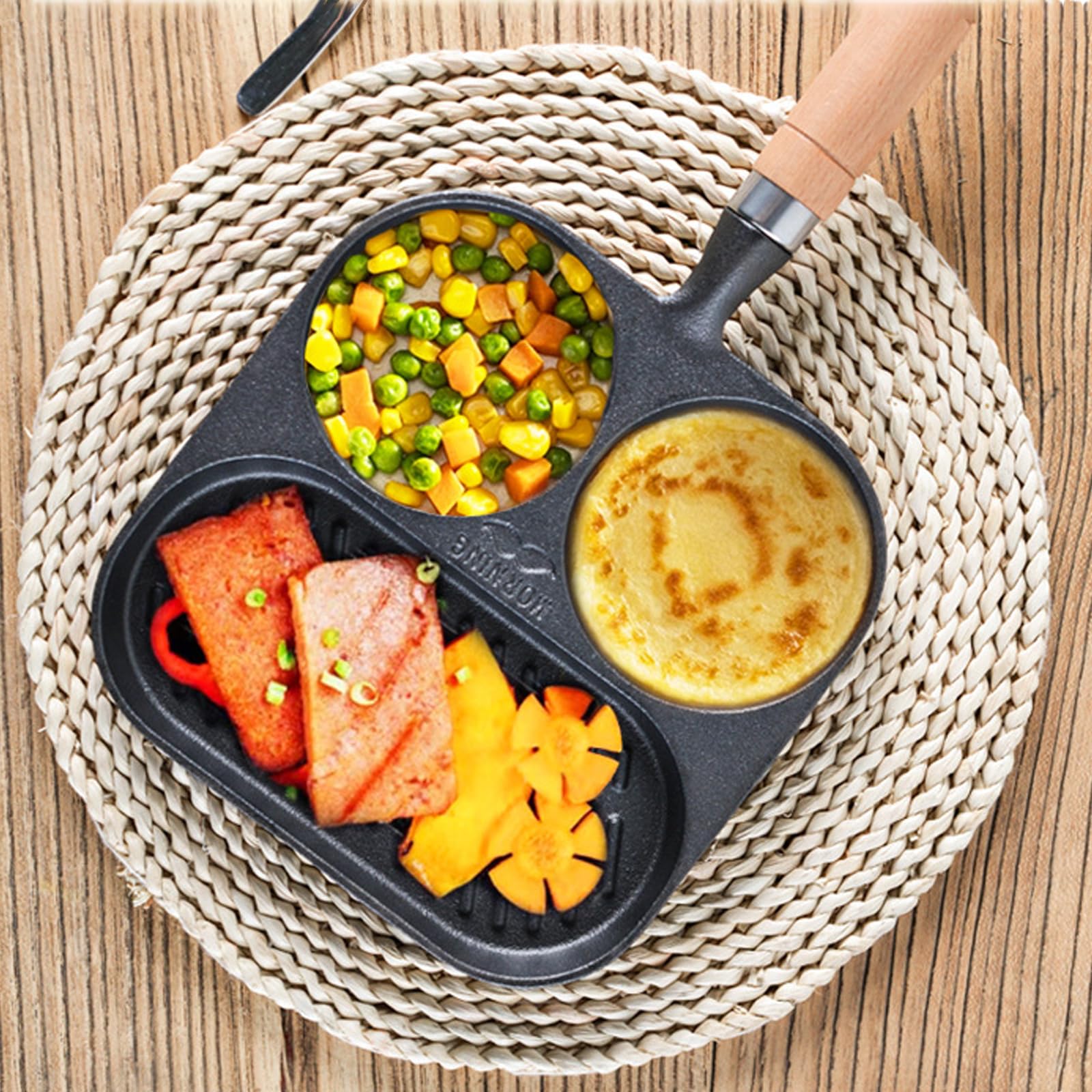 Egg Pan Omelette Pan, 3 Section Square Divided Breakfast Grill Pan with Solid Wood Handle，Nonstick Egg Frying Pan for Stove Tops, Kitchen Cooking Tool for Indoor Cooking & Outdoor Grilling (Black)