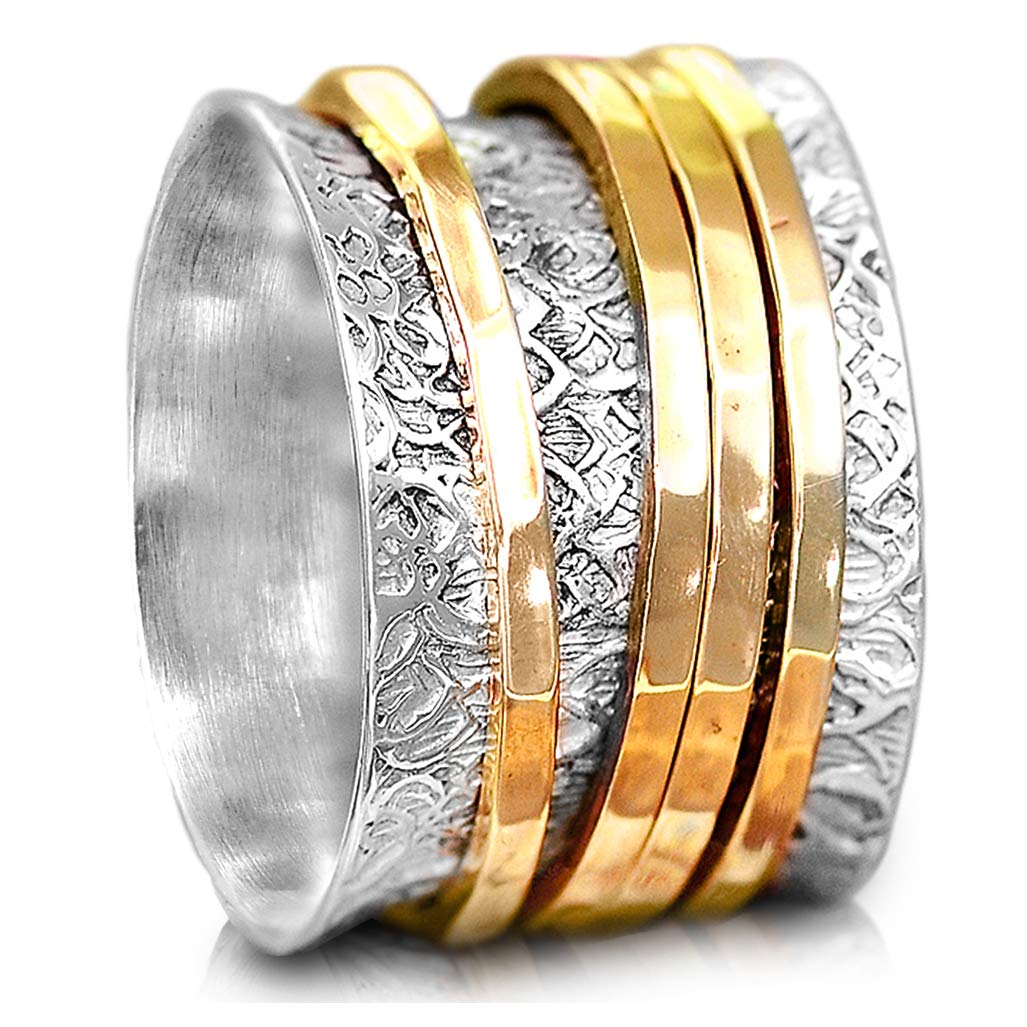 Boho-Magic 925 Sterling Silver Spinner Ring for Women with 4 Brass Fidget Rings Chunky Wide Band (7)