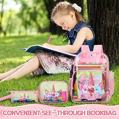 Kacctyen 3 Pcs Pink Clear Backpack Stadium Approved Backpack for Girls Clear School Backpack with Lunch Bag for Girls Boys(Unicorn Style)