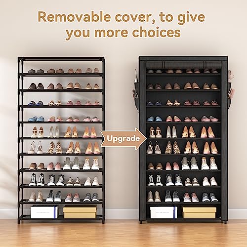 ROJASOP 10 Tier Shoe Rack with Covers,Large Capacity Stackable Tall Shoe Shelf Storage to 50-55 Pairs Shoes and Boots Sturdy Metal Free Standing Shoe Rack Organizer for Closet Entryway Garage Bedroom