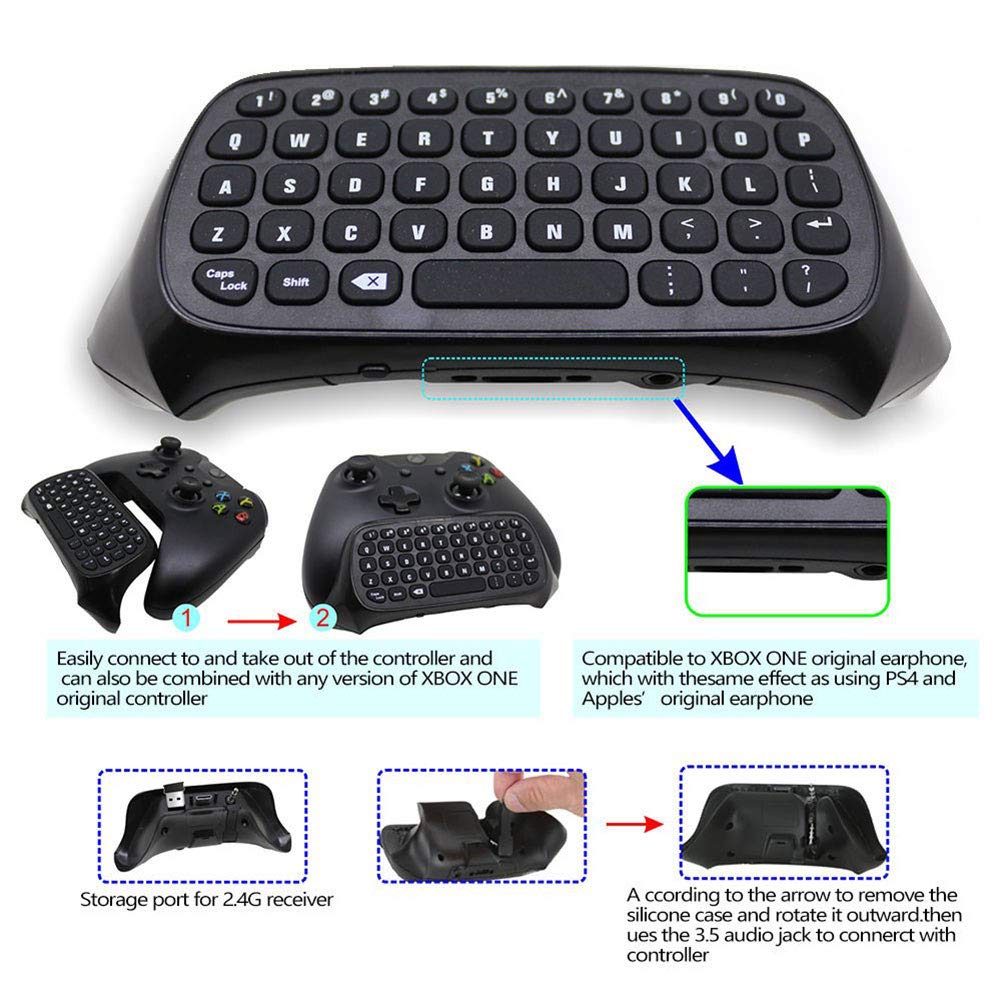 Xbox One Chatpad Gaming Wireless Mini Keyboard ChatPad 2.4GHz Receiver and 3.5mm Jack for Xbox One Elite & Slim Game Controller Gamepad (Black)