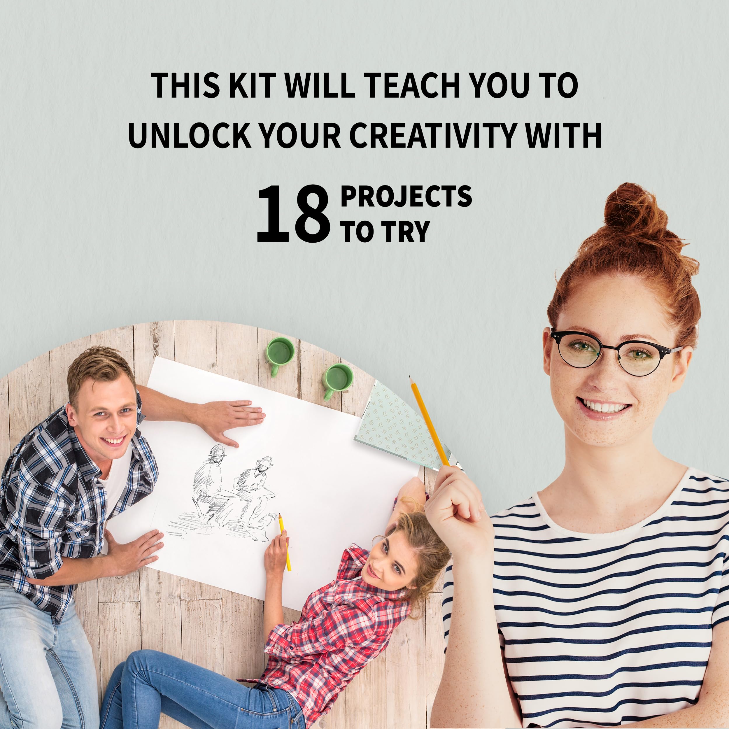 SpiceBox Complete Drawing Set, How to Draw Book with Sketching Supplies and Wooden Drawing Figure, Arts and Crafts Hobby Kits for Adults