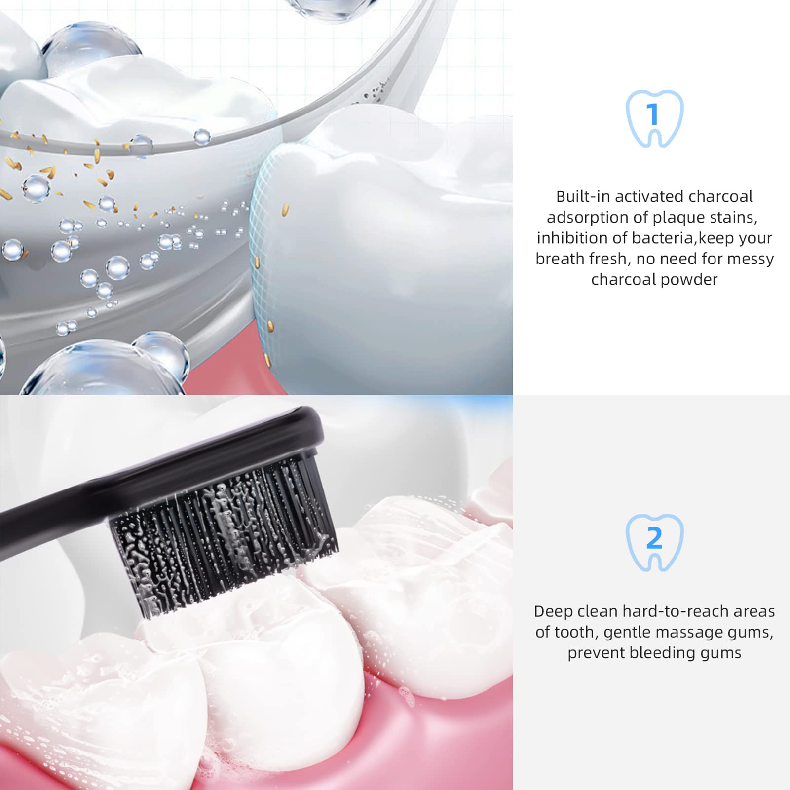 Egoguys Travel Toothbrush Activated Charcoal Bristle Adsorption Plaque Bacteria Keep Breath Fresh Slim Soft Bristles Deep Clean Tooth Prevent Bleeding Gums Teeth Whitening Brush (10 Pack in 5 Colors)