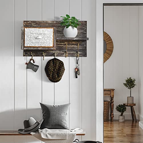 OKSQW Rustic Wood Key Holder for Wall Mount with Floating Shelf Iron Sheet Fake Drawer Design Mail Organizer with 5 Key Hooks Wooden Dark Brown Entryway Coat & Hat Rack Vintage Farmhouse Home Decor…