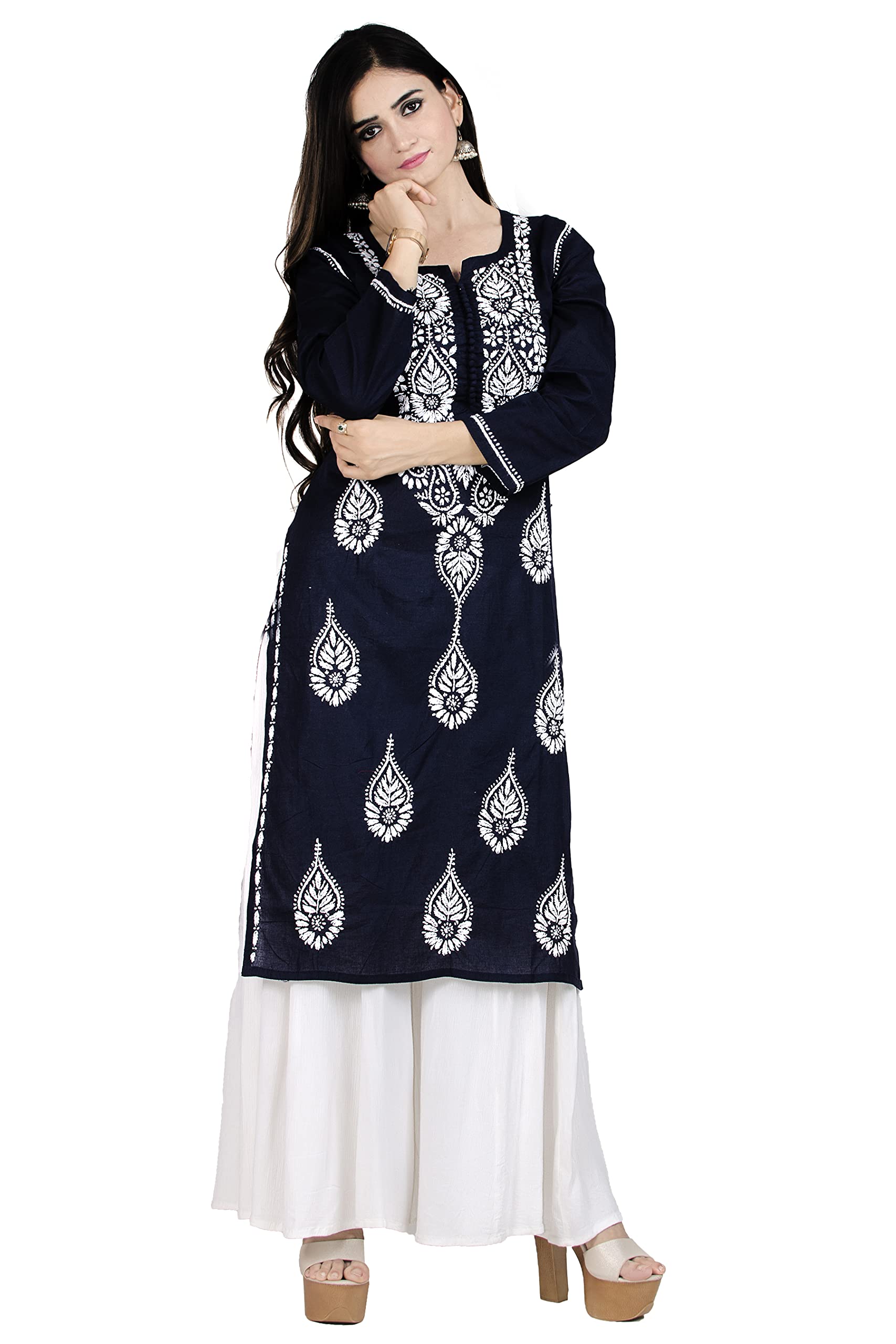 Chandrakala Women's White Casual Wear Floral Embroidered Cotton Kurti Pant Set, X-Large, Black (K150BLA4)