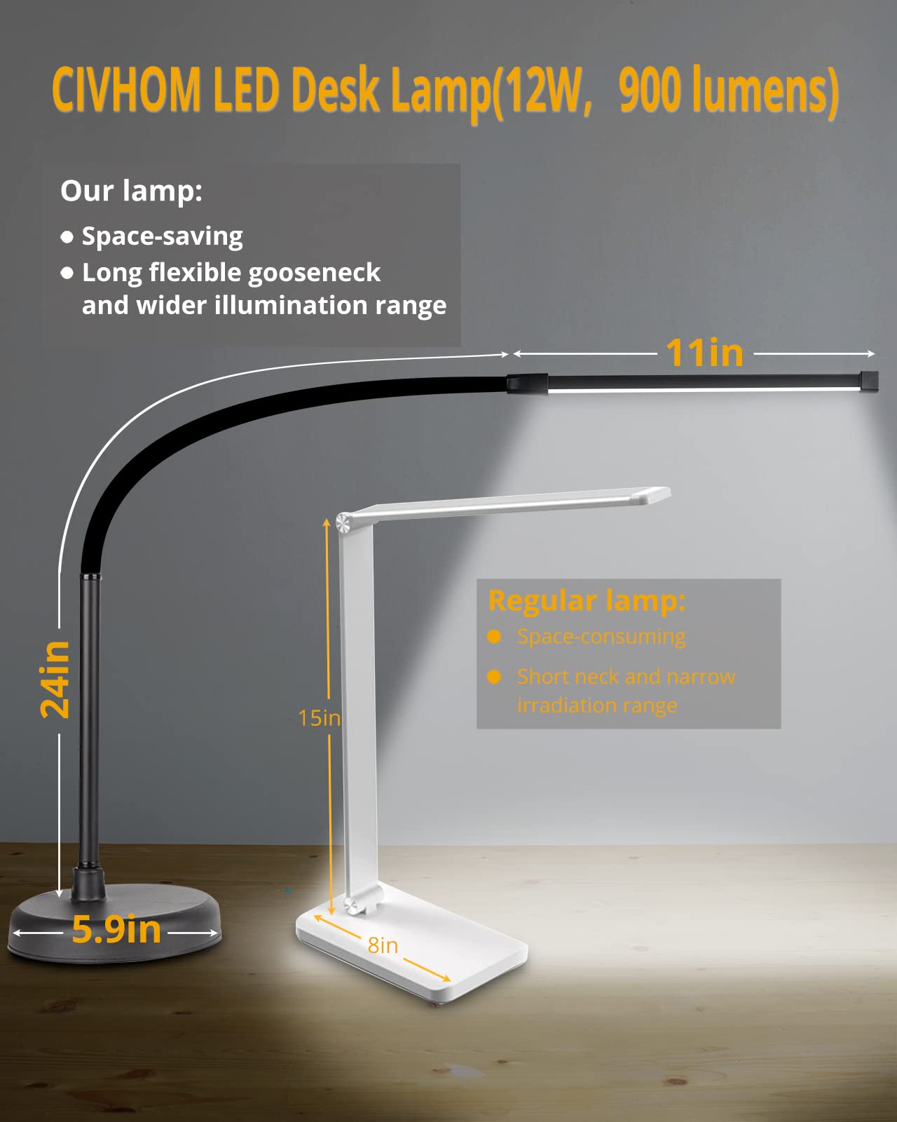 CIVHOM LED Desk Lamp, Swing Arm Architect Task Lamp with Long Flexible Gooseneck, 3 Color Modes, and USB Adapter, Dimmable Desk Light for Home/Office/Drafting/Reading/Piano