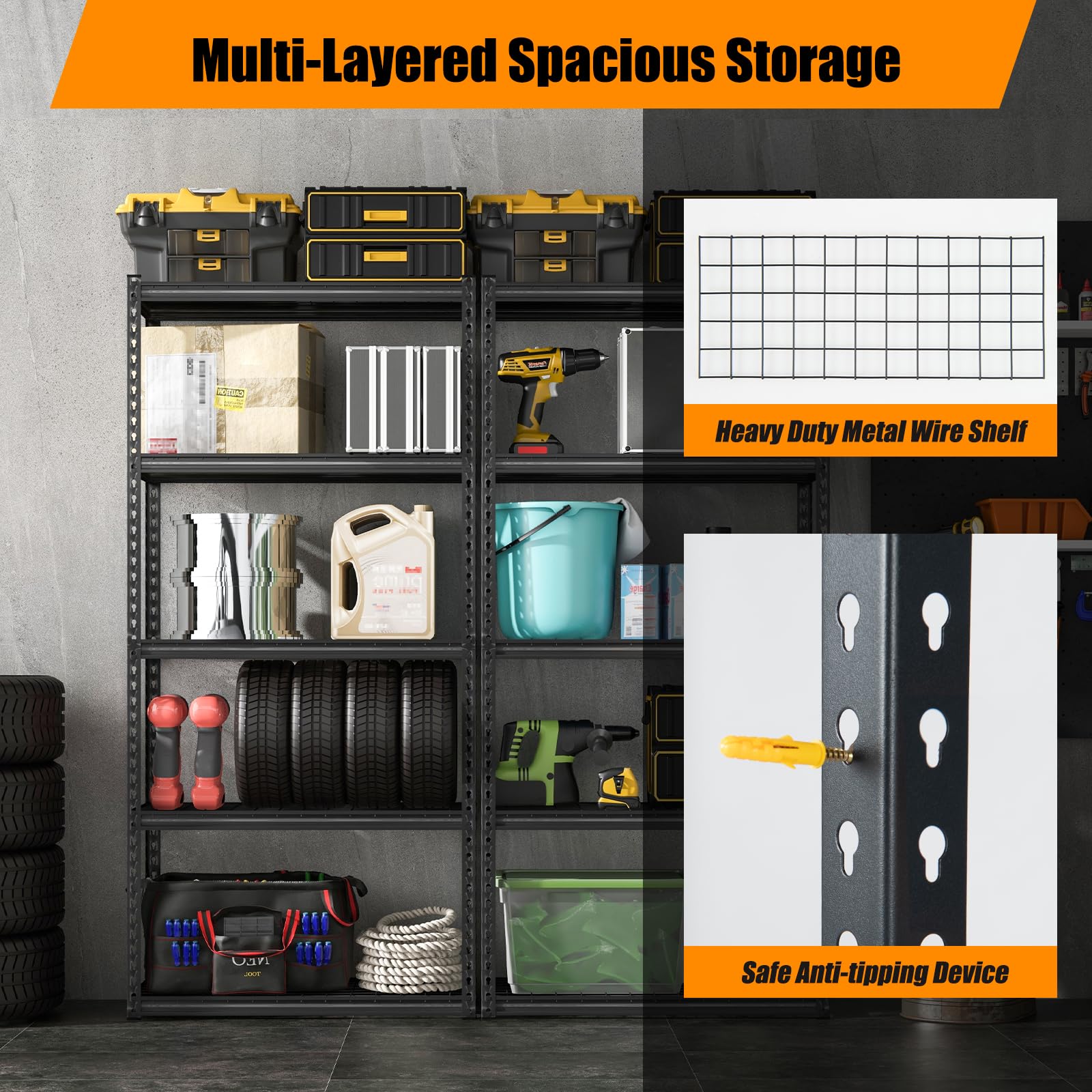 Giantex 2Pcs 5-Tier Storage Shelves, 35.5" x 15.5" x 72" Height Adjustable Metal Storage Utility Rack Shelf with Anti-tipping Device, Heavy Duty Garage Shelving for Warehouse, Basement, Kitchen, Black
