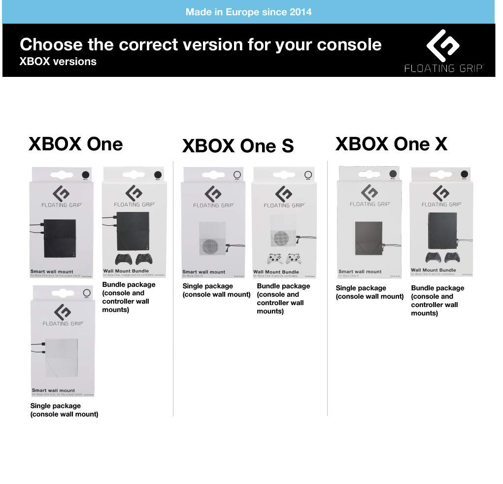 Xbox One X Wall Mount by FLOATING GRIP - Mounting Kit for Hanging Gaming Consoles - Strong & Slim Ropes - Easy-to-Install System (Bundle: Fits Xbox One X + x2 Controllers, Black)