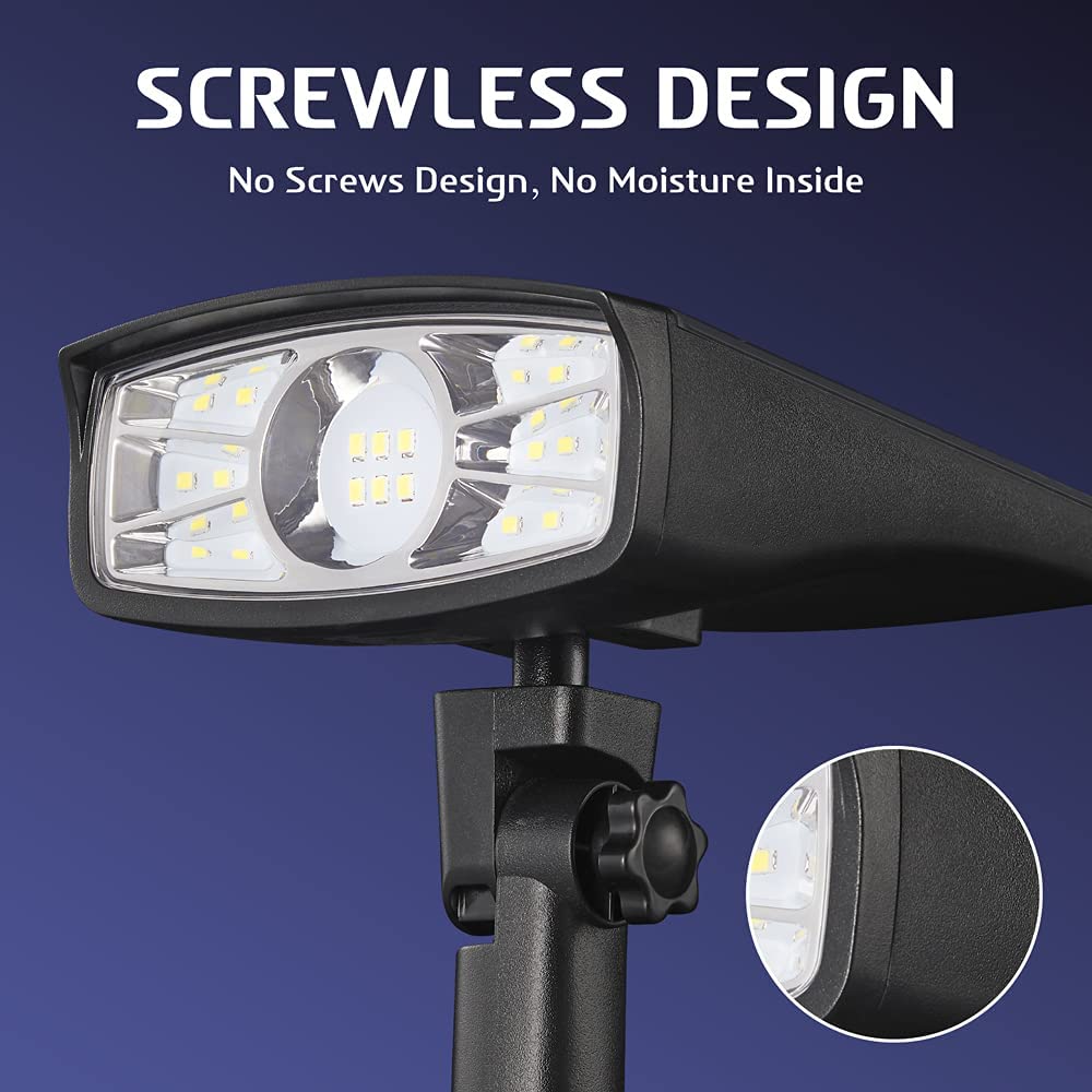 Solar Spot Lights Outdoor, SainSonic IP67 Waterproof Spotlights with a No Peeling Panel and Screwless Design for Long Life, LED Garden Wall Yard Pool Landscape Lighting, 700 Lumens Cool White, 2 Packs