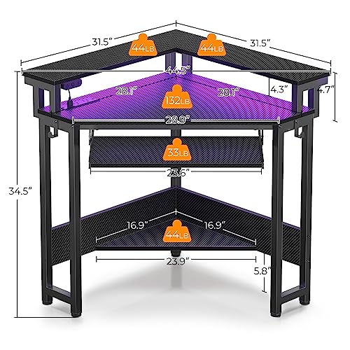 Rolanstar Corner Desk, 44.5" W x 34.5" H Small Carbon Fiber Computer Desk with Power Outlets, LED Lights and Keyboard Tray, Small Office Computer Desk with Monitor Stand for Small Space, Carbon Black