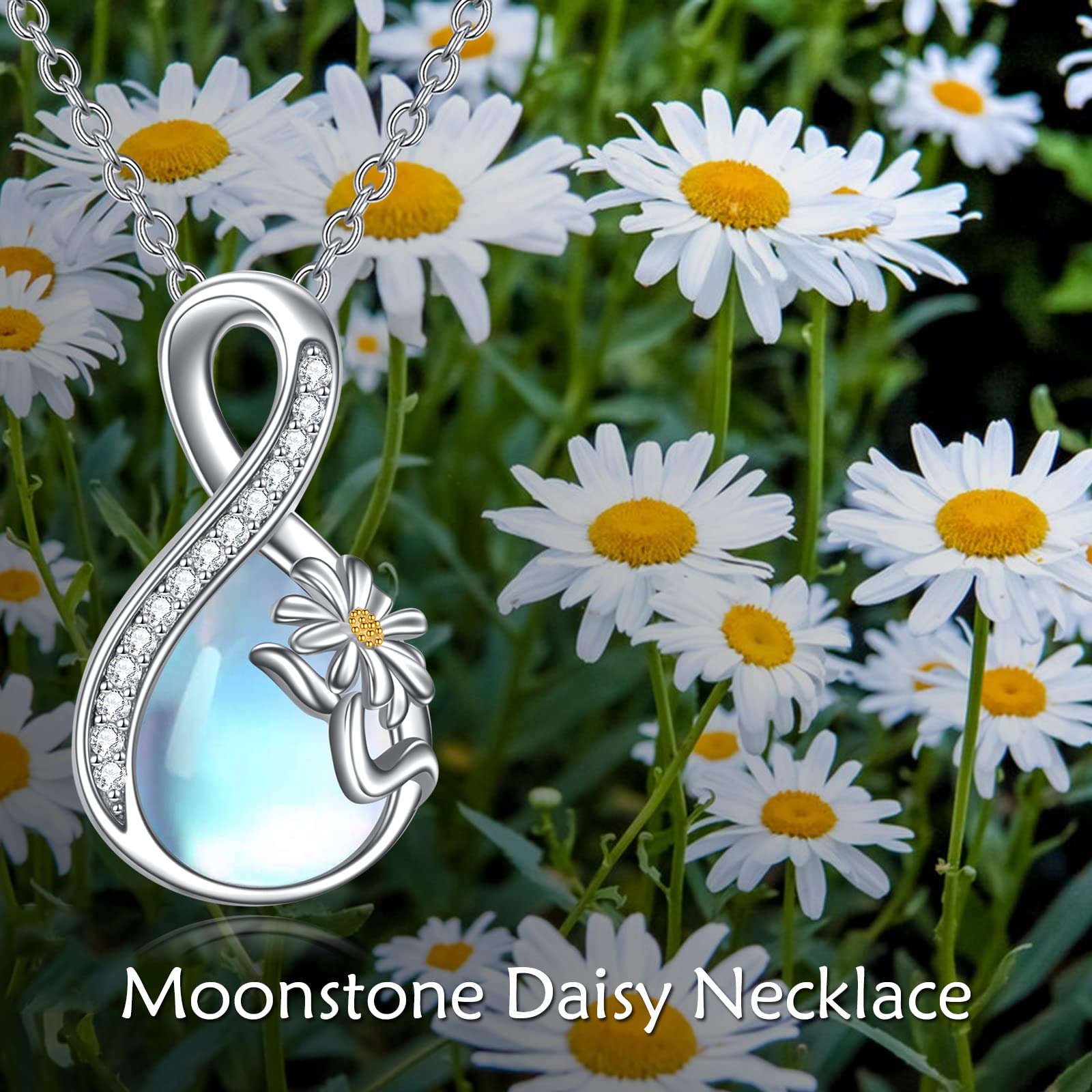 CRMAD Daisy Moonstone Necklace for Women Sterling Silver Teardrop Pendant Gifts (daisy)