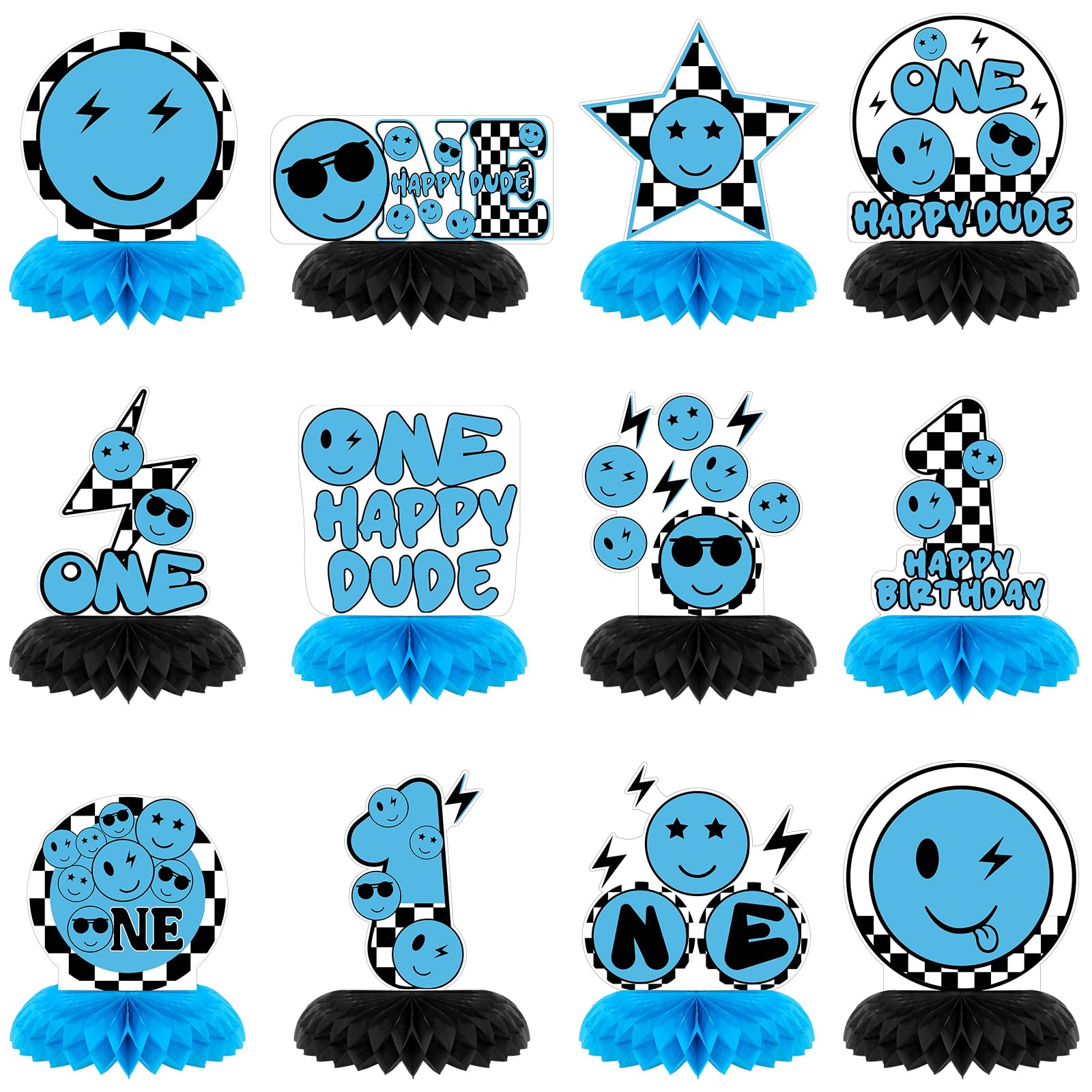 Memorywuu 12 Pcs One Happy Dude Honeycomb Centerpiece Blue One Happy Dude 1st Birthday Party Decoration Birthday Centerpiece Table Decorations Smile Face Table Topper for Baby Shower Birthday Party
