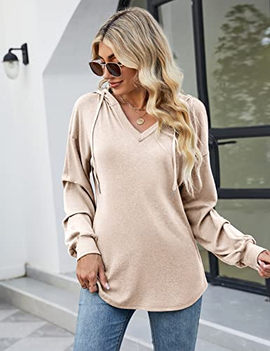 Conmite Womens Drawstring Pullover Hoodies Casual Long Sleeve Tops V Neck Drop Shoulder Sweatshirts Apricot L