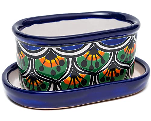 Enchanted Talavera Mexican Talavera Ceramic Succulent Pot Mini Flower Planter Cactus Bonsai Pot W/Drainage & Drip Dish Home Garden Office Desk Décor Gift Set (Peacock)