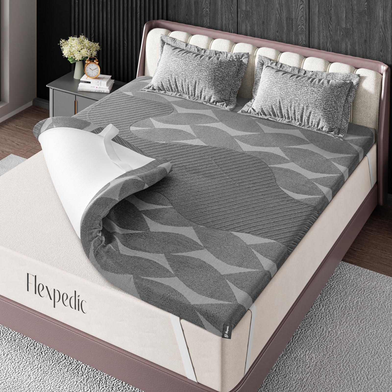 Flexpedic Firm Mattress Topper 3 Inch Queen Size - Advanced Gel Infused Memory Foam Bed Topper for Deep Pain Relief - Breathable & Washable Cover - CertiPUR-US Certified Comfort Enhancement