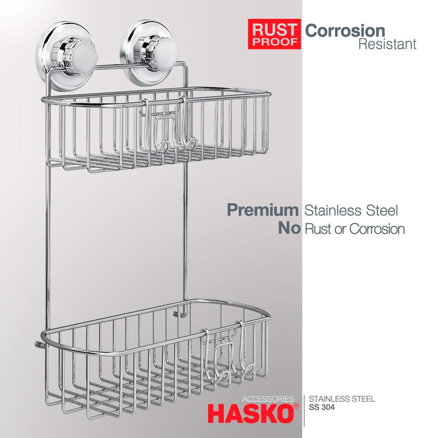 HASKO accessories - Shower Caddy with Suction Cup - 304 Stainless Steel 2Tier Basket for Bathroom - Rustproof (Chrome)