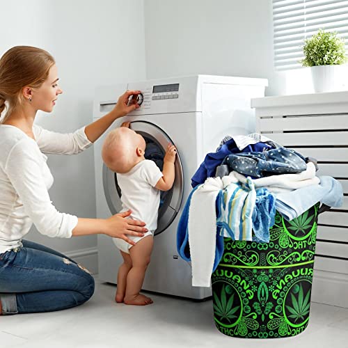 Green Leaf Weed Large Laundry Basket Hamper Bag Washing with Handles for College Dorm Portable